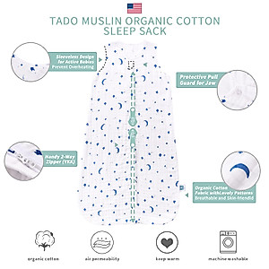 TADO MUSLIN Toddler Sleep Sack for 2-4T Baby, Organic Cotton Wearable Blanket for Boys and Girls 0.5 TOG 2-Way Zipper Soft 4 Layers X-Large Star Moon