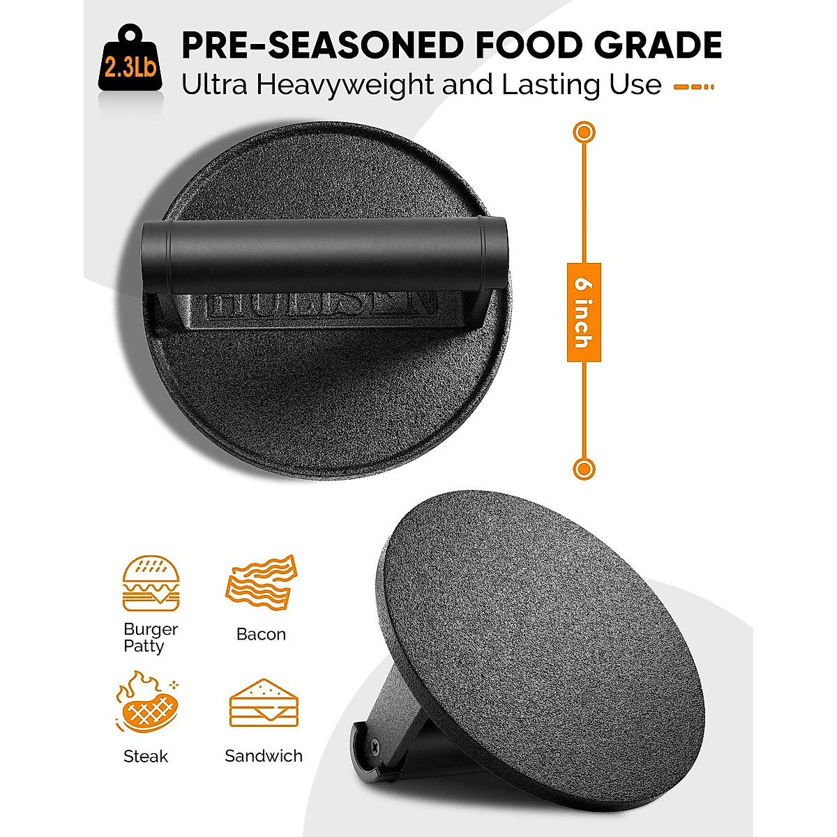 HULISEN Pre-Seasoned Cast Iron Burger Press, Heavy Duty 6” Burger Smasher for Griddle with Heat Resistant Handle, Grill Press for Hamburger, Bacon, Meat, Steak, Patty, Barbecue Grilling Tool, 2.3lb