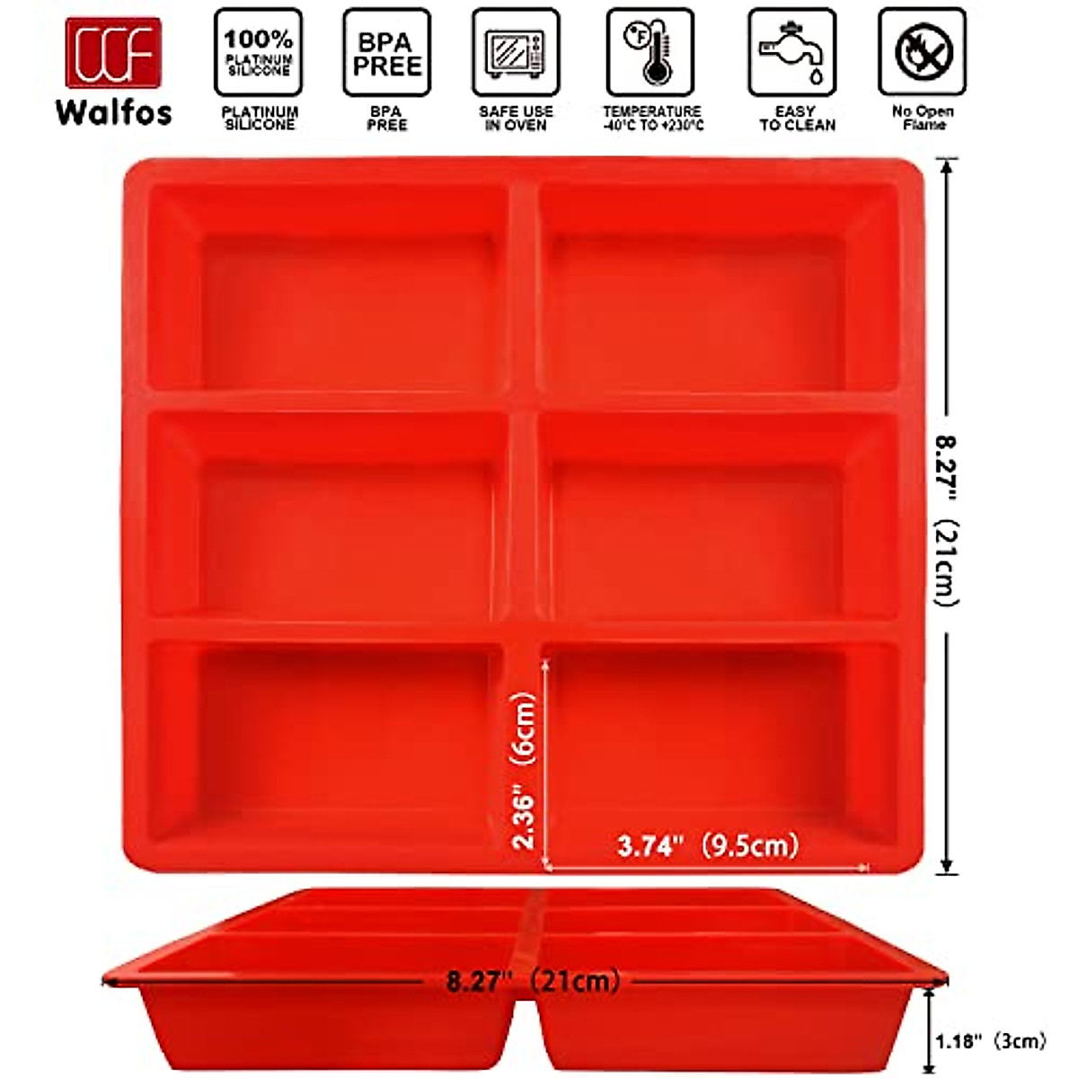 Walfos Silicone Mini Bread Baking Pan 6 Cavities Non-Stick Silicone Mini Loaf Pans 2 Pieces Food Grade Baking Mold For Bread, Cakes, Muffin, Dough, Easy Pop Out and Dishwasher Safe