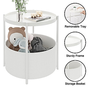 Fixwal Round Side Table with Fabric Storage Basket, Metal Small Bedside Table Nightstand with Removable Tray for Living Room, Bedroom, Nursery, Laundry, White