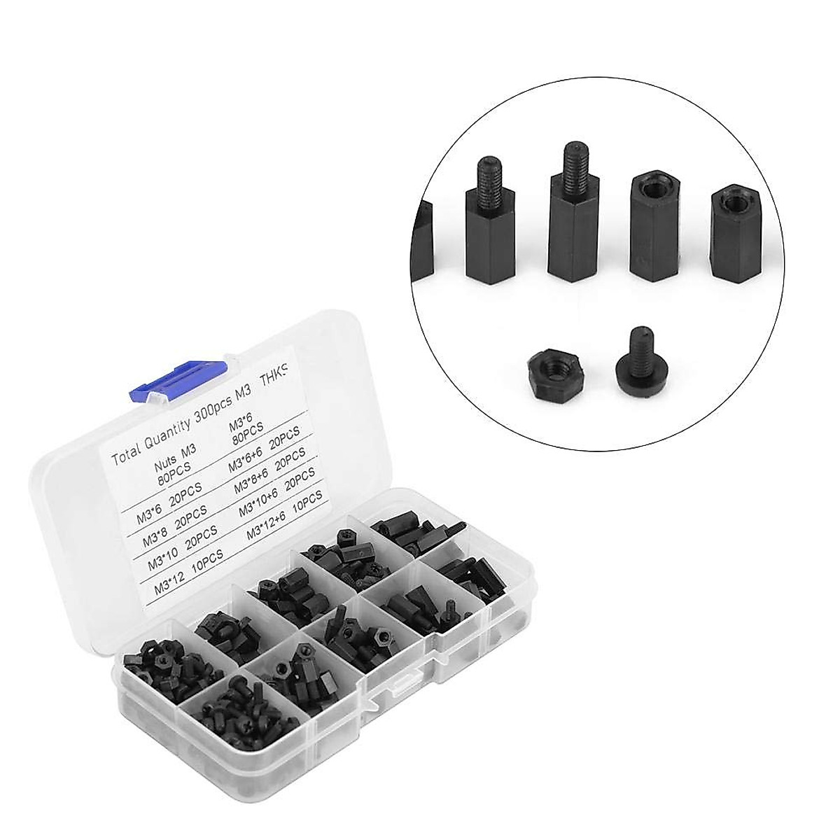 300pcs Black M3 Male Female Standoffs Screws Nuts Assortment Kit with Box Widely Used in Machinery Industry, Electronic Industry, Testing Equipment, Electric Equipment