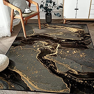 Modern Abstract Collection Area Rug - 3' x 5' Washable Entryway Rug Non-Slip Luxury Marble Texture Area Rug for Bedroom Dining Room Home Office Decor Under Kitchen (Brown/Gold)