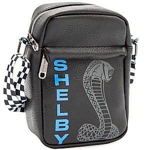Carroll Shelby Bag, Cross Body, Carroll Shelby Text and Super Cobra Snake, Black, Vegan Leather. 8.0" x 6.5"