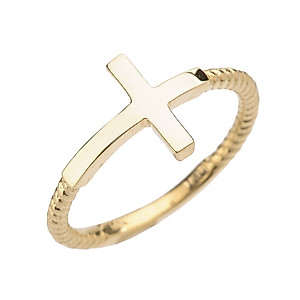 14k Yellow Gold Twisted Rope Band Sideways Cross Ring (1.6 mm Band Width) (Size 10)