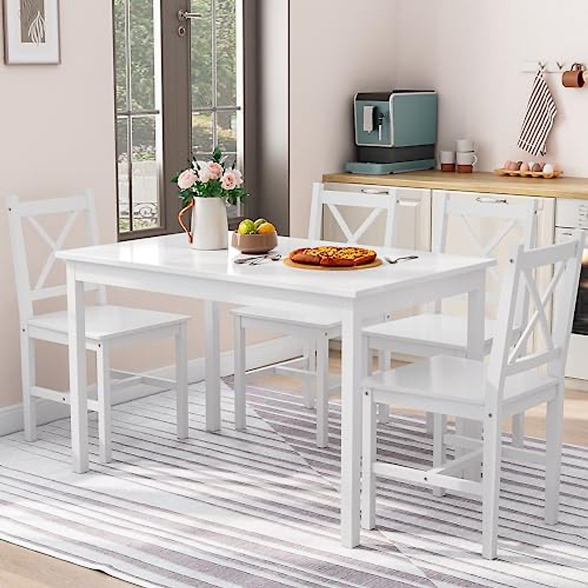 Alohappy Dining Table Set for 4, 5 Piece Kitchen Table Set with 4 Chairs Pine Wood Dining Table Rectangle Breakfast Table and Chairs for Small Space, Space-Saving & Easy Assembly (White)
