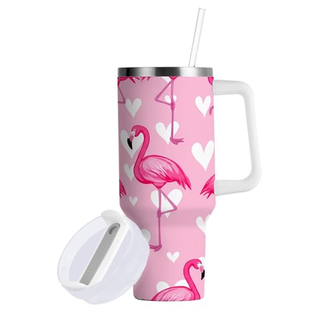 Burbuja Flamingos Standing on One Leg 40oz Insulated Tumblers with Handle and Straw Lid, Double Wall Stainless Steel Travel Mug Leak-Proof, BPA Free, Gift for Mom Dad