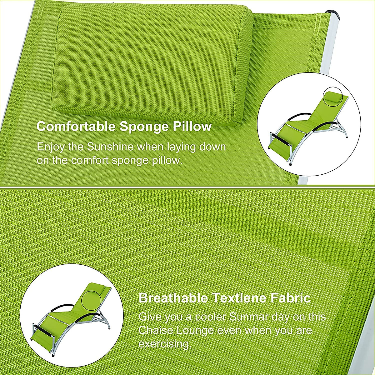 Sundale Outdoor Adjustable Patio Chaise Lounge, 6 Position Lounge Chair, All Weather Outdoor/Indoor Lounge for Reading, Meditation, Sleeping, Exercising, Green