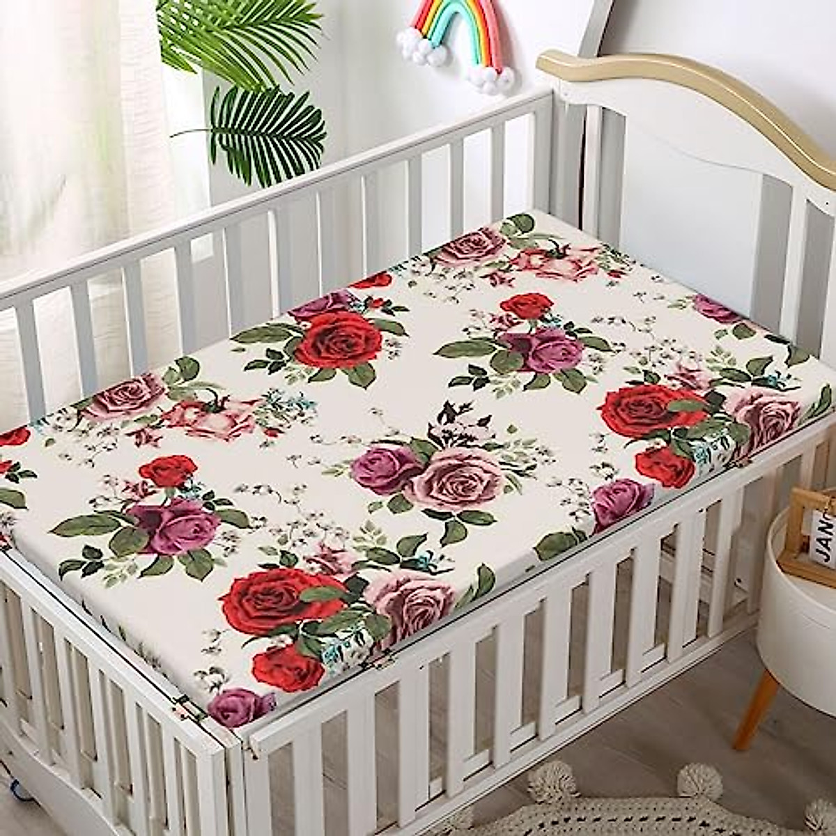 English Garden Themed Fitted Crib Sheet,Standard Crib Mattress Fitted Sheet Soft and Breathable Bed Sheets - Crib Mattress Sheet or Toddler Bed Sheet,28“ x52“,Champagne Multicolor