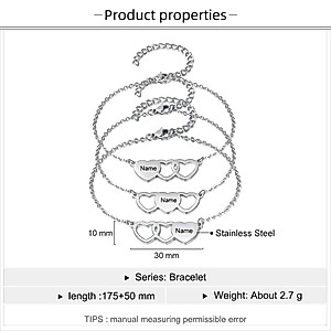 Ashleymade 3PCS Personalized Name Heart Bracelet Best Friend Bracelet for 3 Sister Jewelry Link Chain Gift Friendship Adjustable Custom Names Engraved Love Bracelets for Women (3PCS)