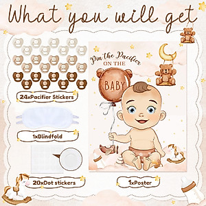 Faccito Pin The Pacifier Baby Shower Games Bear Baby Shower Decoration Include Brown Poster 24 Pacifier Stickers Blindfold Pin The Pacifier on Baby Game for Bear Baby Shower Birthday Party Supplies