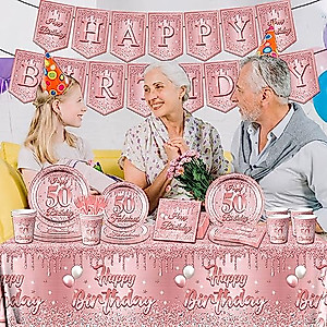 50th Birthday Rose Gold Supplies,142pcs Glitter Pink Rose Gold Tableware Include 50th Birthday Plates and Napkins Cups,Rose Gold Tablecloth Happy Birthday Banner for Women Happy 30th Birthday