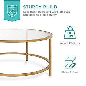 Best Choice Products 36in Modern Round Tempered Glass Accent Side Coffee Table for Living Room, Dining Room, Tea, Home Décor w/Satin Trim, Metal Frame, Non-Marring Foot Caps - Bronze Gold