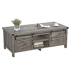 St.Mandyu Farmhouse Coffee Table with Hidden Compartment and Storage Cabinets Shelves, Wood Rectangular Tables with Sliding Barn Doors for Living Room Reception (Dark Grey)