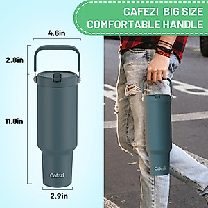 Cafezi 50 oz Insulated Water Bottle, Stainless Steel Water Bottles with Flip Straw and Top Handle, Leak Proof Tumbler with Lid and Straw, Fits in Cup Holder, Vacuum Insulated Cup for Home, Outdoors