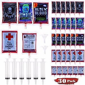 Halloween Blood Bags Party Supplies - 20 Halloween Drink Pouches + 2 Funnels Halloween Party Favors, Reusable Halloween Blood Bags Drink Bag for Vampire Zombie Costumes Props Party Decorations(5