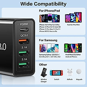 35W USB C Charger Fast Charging Block 4Port Multi USB Wall Charger Quick 3.0 Power Delivery Adapter Bricks Compatible for iPhone14/13/Pro Max,Pad Samsung S23 S22 S9,Google Pixel 7,6 Tablet,Black-II