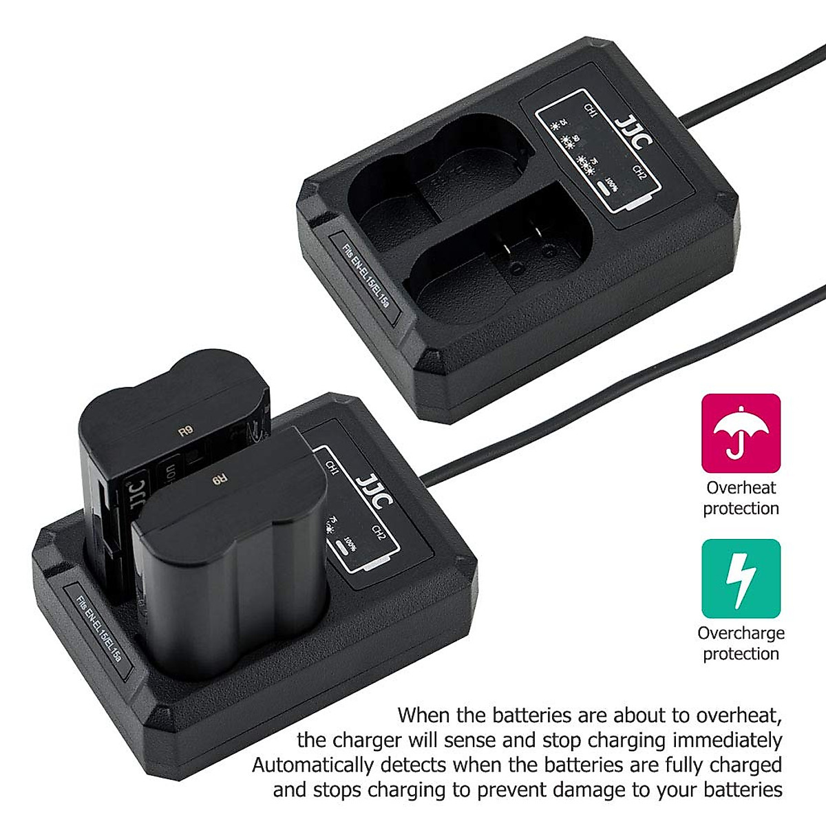 JJC EN-EL15 Battery Charger USB Dual Slot for Nikon Zf Z f Z5 Z6 Z7 Z6II Z7II D850 D780 D750 D610 D600 D500 D7500 D7200 D7100 D7000 D810A D810 D800E D800 Cameras