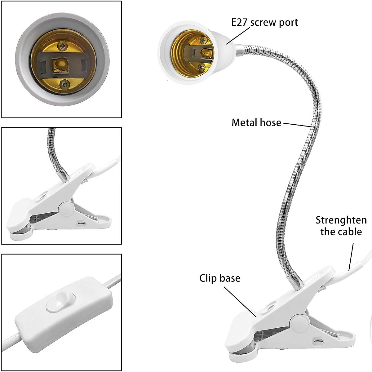 Bahong Clip Desk Lamp Socket,Desk Light Adapter,Clip Light Bulb Holder,E26/E27 Flexible Light Socket,86.6in Table Reading Light,Night Light with Cord,Clamp Light Bulb Stand with On/Off Switch (1PC)