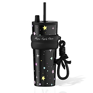 SDGA+ 24 oz Stainless Steel tumbler with Lid and Straw Leak Proof, Cute Travel Coffee Mug for Hot and Cold, Insulated Thermal Water Bottle Resuable Cute Portable Cup for Women, Blcak Star