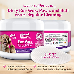 Biidey Dog Ear Wipes, Ear Cleaner for Dogs and Cats, Relieve Ear Itching, Inflammation & Infections, Clean Ear Wax, Debris, Soothe & Deodorize, Natural Organic Essential Grooming Supplies, Paw Cleaner