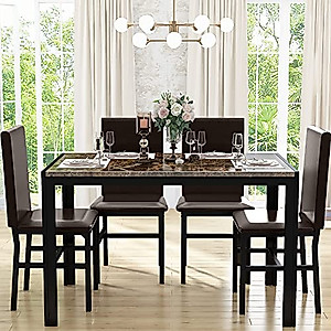 DKLGG Marble Dining Table Set for 4, 5-Piece Faux Marble Kitchen Table and Chairs for 4, Space Saving Dining Room Table Set w/4 Upholstered PU Leather Chairs, Ideal for Dining Room, Kitchen, Corner