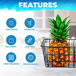 BASKETIA Wire Baskets, 2Pcs, 11x 4.7x 4.7 Inches – Rust Resistant Metal Basket with Strong Adhesive - Perfect for Organizing & Storing in Kitchen, Bathroom, Closets, Vanity & Pantry Black