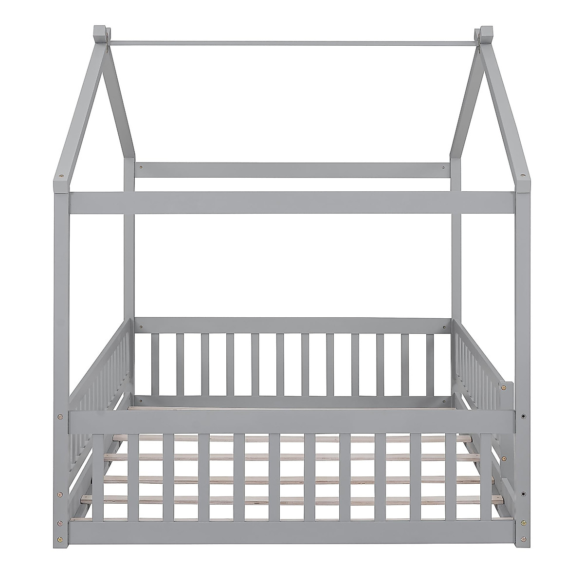 Polibi Full Size Wood Floor Bed Frame,Full House-Shaped Bed Daybed with Fence, for Kids Teens Girls Boys,Gray
