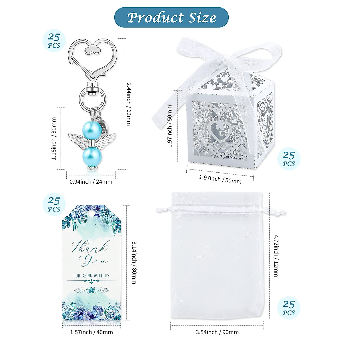 YETOOME 100 Pcs Baby Shower Favors for Boys, Angel Keychains Favor Baptism Favor Boxes White Organza Bags with Drawstring Thank You Tags for Baby Shower Baptism Party Gift, 25 Sets (Blue)
