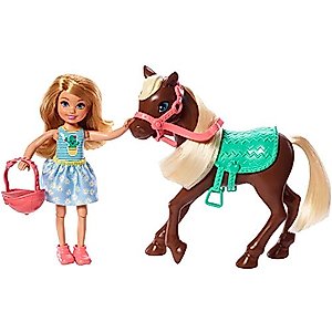 Barbie Club Chelsea Doll & Horse Set, Blonde Small Doll in Removable Skirt, Brown Pony with Blonde Mane & Accessories