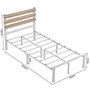 GreenForest Twin Bed Frame with Wooden Headboard Platform Bed with Metal Support Slats NO-Noise Heavy Duty Bed Base Industrial Style with 9 Strong Legs,Mattress Foundation,Twin