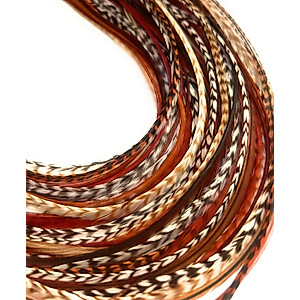 Hair Feathers Kit, 20 Beautiful Feathers for Hair, Brown Black White Long Feather Extensions with beads and loop tool, 100% Real Rooster Boho Soft Natural Feather Accessories