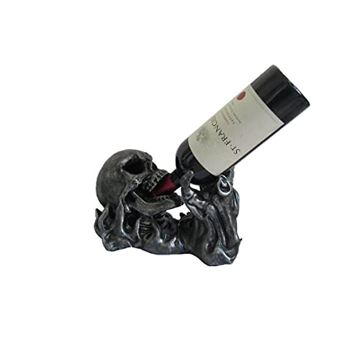 DWK - Gargle of Wine - Skeleton in Flames Tabletop Wine and Bottle Display Caddy Home Décor Dining Centerpiece Kitchen Accessory Bar Accent, Pewter Finish, 11.5-inch