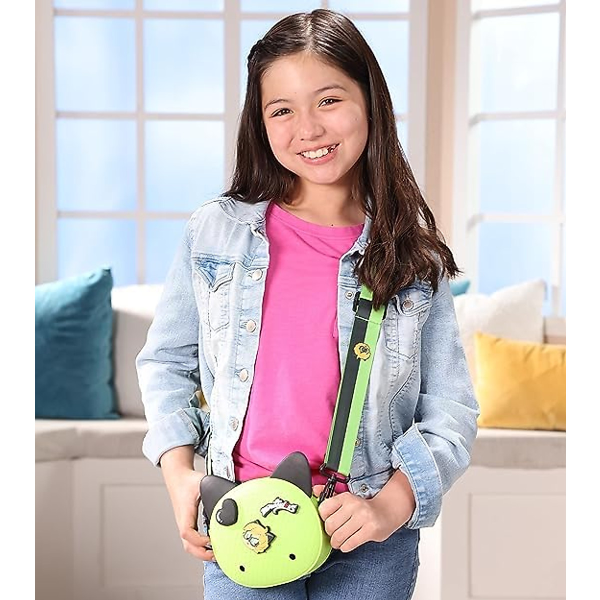 Miraculous Ladybug - Pop n' Swop Cat Noir Green Crossbody Bag with 4 Clip-on Badges, Cat Paw Zipper, Adjustable and Detachable Strap, Removable Ears, Lightweight Durable Waterproof Purse (Wyncor)