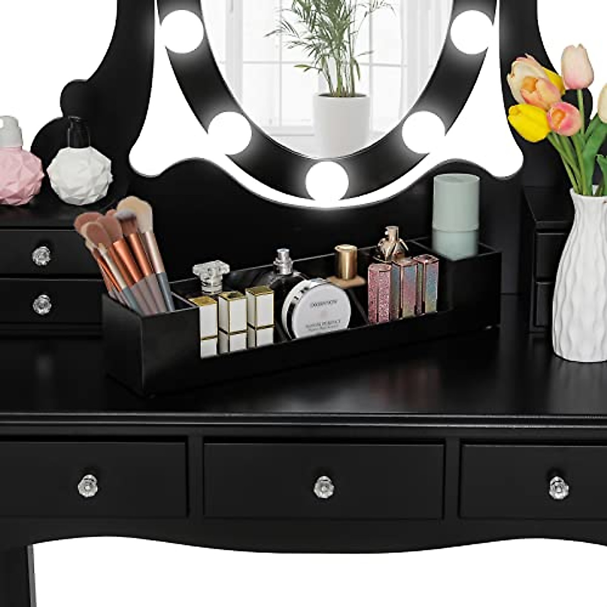 Quimoo Large Vanity Desk with LED Lighted Mirror & Power Outlet,Makeup Vanity Table with 7 Drawers,4 Shelves and 8 Hooks,for Bedroom,Bathroom,Black