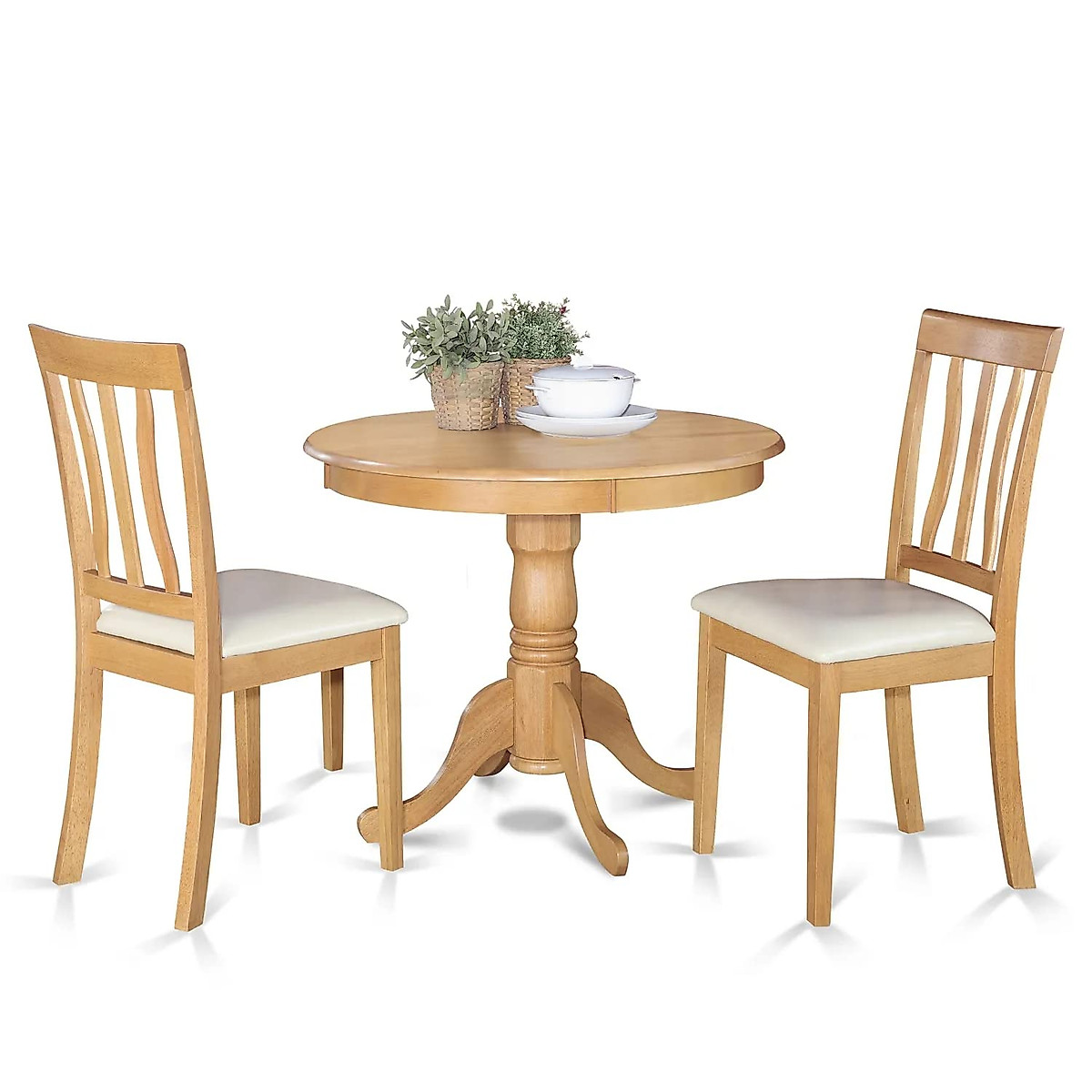 East West Furniture Antique 3 Piece Kitchen Set for Small Spaces Contains a Round Dining Room Table with Pedestal and 2 Faux Leather Upholstered Chairs, 36x36 Inch, Oak