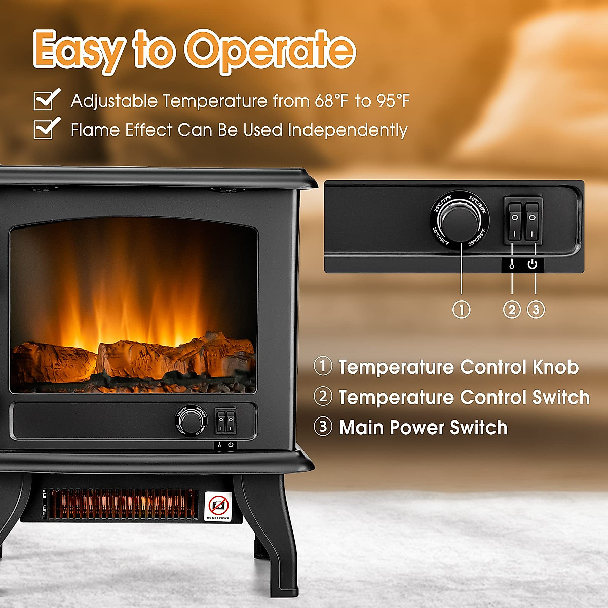 Tangkula 20 Inches Electric Fireplace Stove, Freestanding Fireplace Infrared Heater with Adjustable Thermostat and Realistic Flame Effect 1400W Indoor Space Heater with Overheating Safety Protection