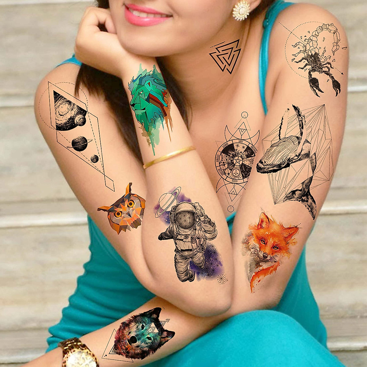 32 Sheets Cute Outer Space Temporary Tattoos For Kids Women, Watercolor Astronaut Planets Star Moon Fake Tattoo Sticker for Boys Girls Children