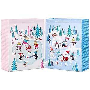 Hallmark 15" Extra Large Christmas Gift Bags (2 Bags: Pink and Blue, Penguins, Hedgehogs, Santa, Snowmen, Dog, Bunny Rabbits) for Kids, Grandchildren, Baby Showers