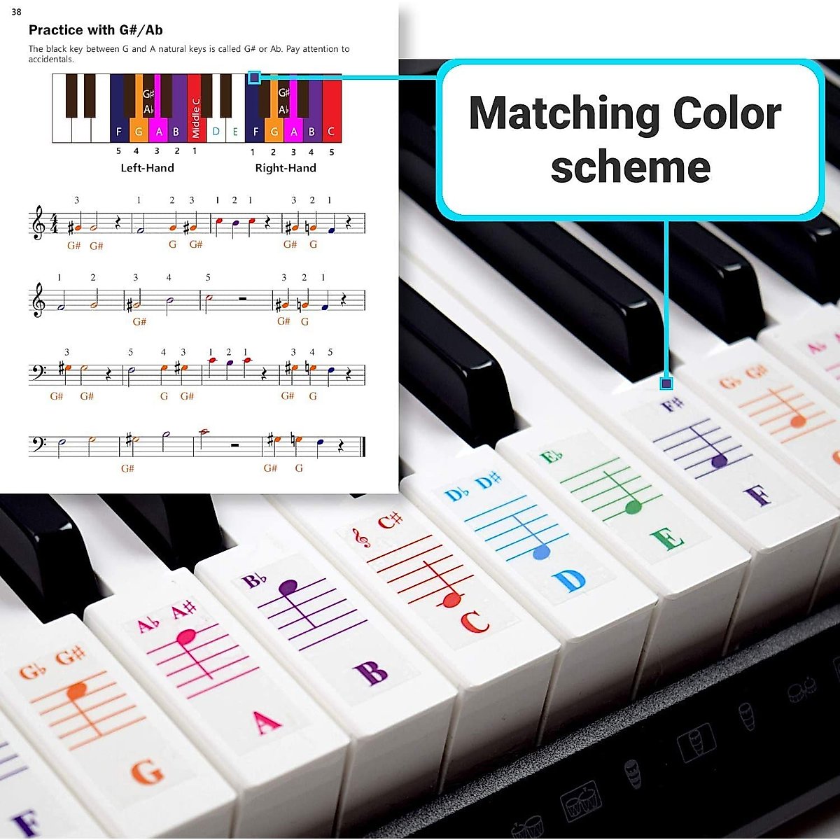 QMG Color Piano and Keyboard Stickers and Complete Color Note Piano Music Lesson and Guide Book 1 and Book 2 for Kids and Beginners; Designed and Printed in USA