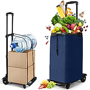 SELORSS 2-in-1 Foldable Utility Cart, Portable Grocery Shopping Cart with Wheels, Telescoping Handle and Removable Waterproof Bag, Collapsible Lightweight Large Capacity Hand Truck for Supermarket