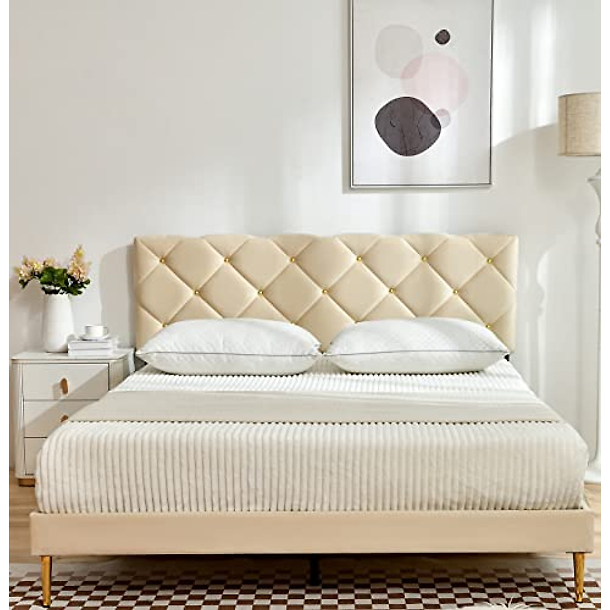 AsKmore Full Size Bed Frame,Velvet Upholstered Platform with Headboard and Strong Wooden Slats,Non-Slip and Noise-Free,No Box Spring Needed, Easy Assembly,Beige