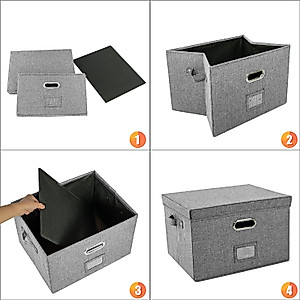 JSungo 2 Pack File Box with 10 Hanging Filing Folders, Document Organizer Storage with Lid, Collapsible Linen Hanging Filing Organization, Office Portable Storage with Handle, Grey