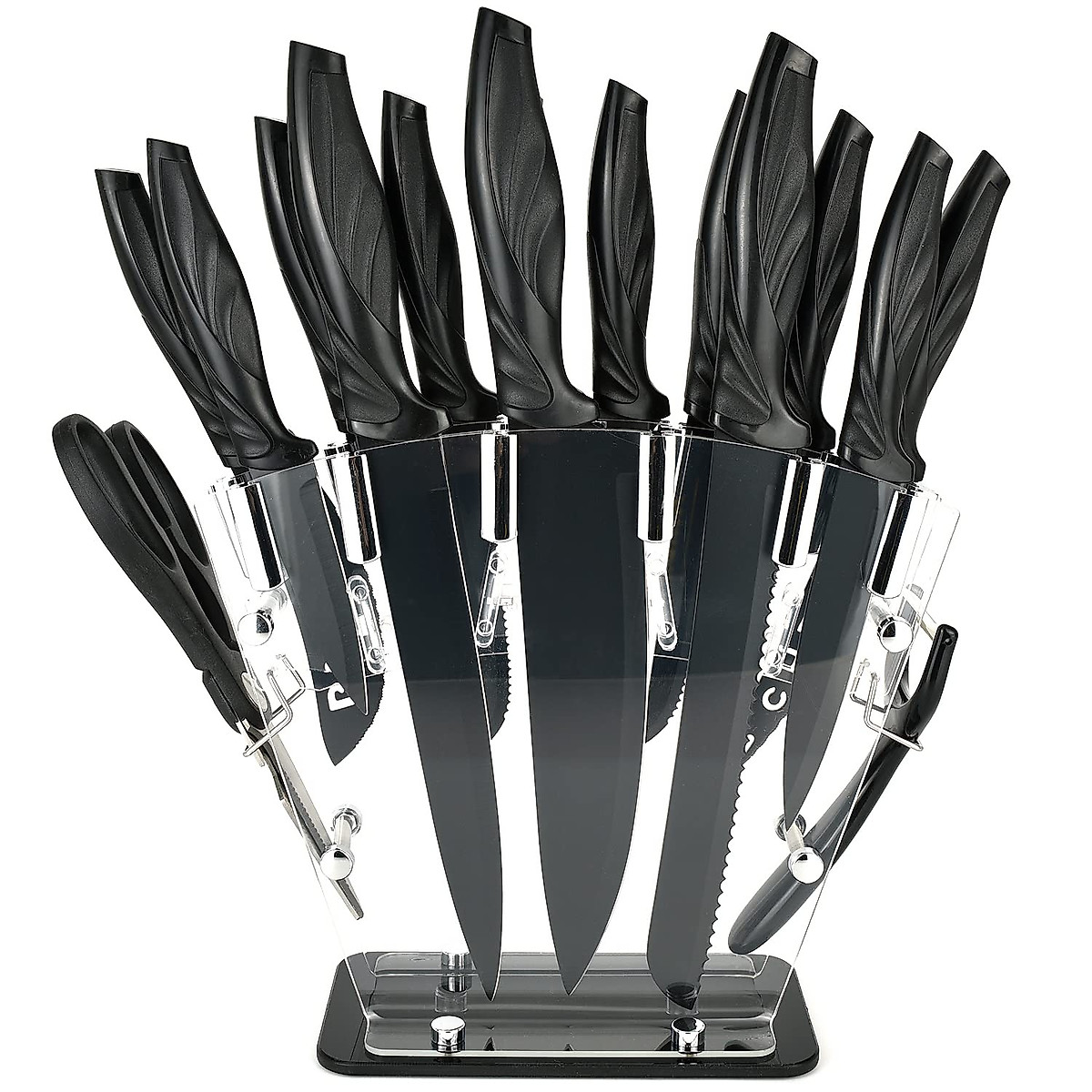 30 Pieces Knife Set and kitchen utensil set, silicone cooking utensils set for kitchen essentials with Knife Sharpener, 11 Pcs black knife set, Cutting Board essential knife and cutting board set