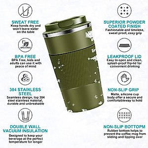 YINJOYI 17oz Travel Coffee Cups Insulated Mug Thermal Tumbler to Go with Lid Leak Proof Reusable Stainless Steel Coffee Mug Spill Proof for Hot and Iced Cold Drinks (Green, 510ml)