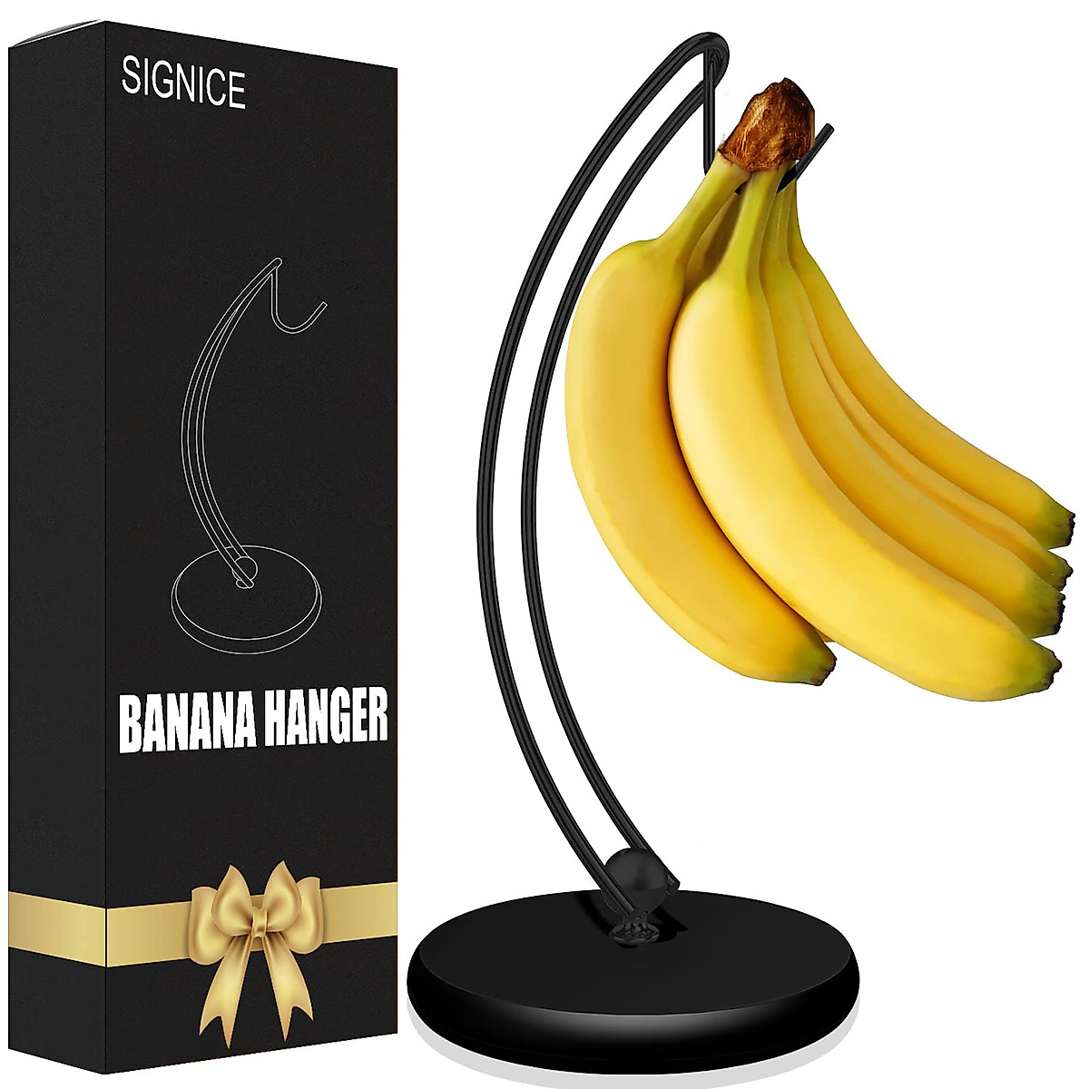 Signice Banana Holder Stand - Newest Patented Modern Banana Tree Hanger with Wood Base Stainless Steel Banana Rack for Home Kitchen Use,Doesn't Tip Over (Full Black)