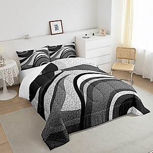 Black Grey Stripes Comforter Set Full Size Kids Geometric Comforter Set for Boys Teens Geometry Abstract Art Bedding Set Modern Striped Art Duvet Set Room Decor Quilt Boys