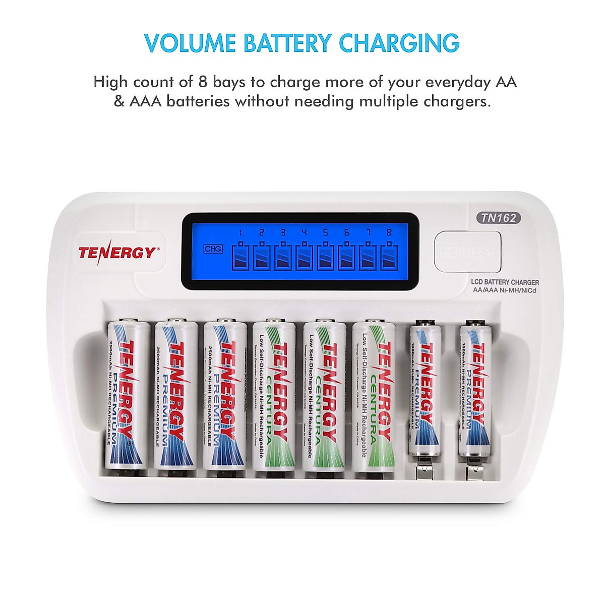 Tenergy AA AAA Rechargeable Battery and Charger Combo TN162 8-Bay Smart LCD AA/AAA NiMH/NiCd Charger + 8 AA & 8 AAA NiMH Rechargeable Batteries