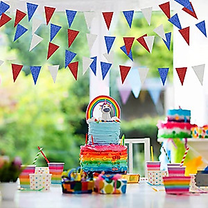 YSSAI 40 Ft Red Blue Silver Triangle Flag Bunting Banners Double Sided Glittery Hanging Paper Patriotic Pennant Banner 4th of July Decorations Patriotic Party Decorations Supplies, SA0030