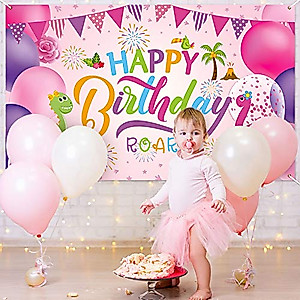 Sumind Dinosaur Happy Birthday Backdrop, Dinosaur Birthday Party Background Boy/Girl Birthday Gaming Banner for Birthday Decoration, Baby Showers and Photo Prop (Pink)