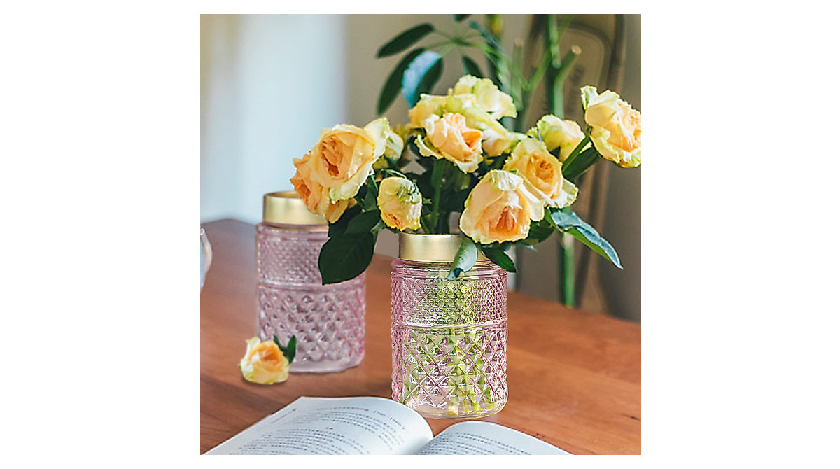 Stylish Pink Flower Vases Set of 2 - Glass with Gold Top for Home Decor